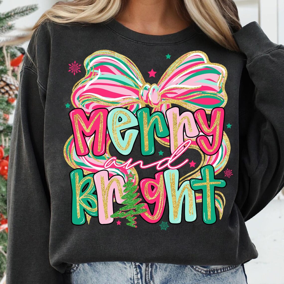Preppy Merry and Bright Christmas PNG, Pink Christmas Png, Christmas ...