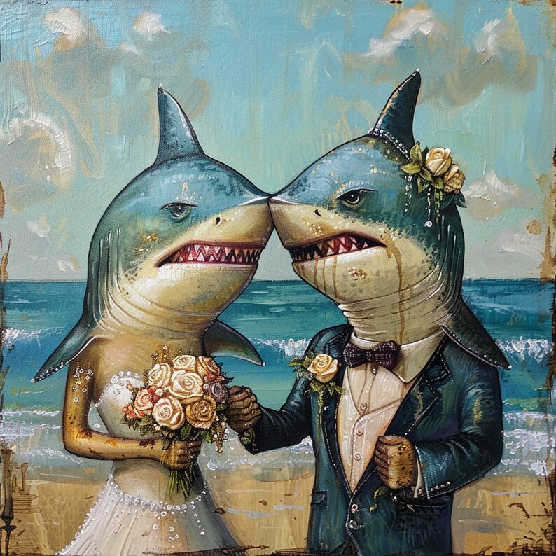 Oceanic Matrimony: Shark Wedding at Sunset Beach Original Oil Painting ...