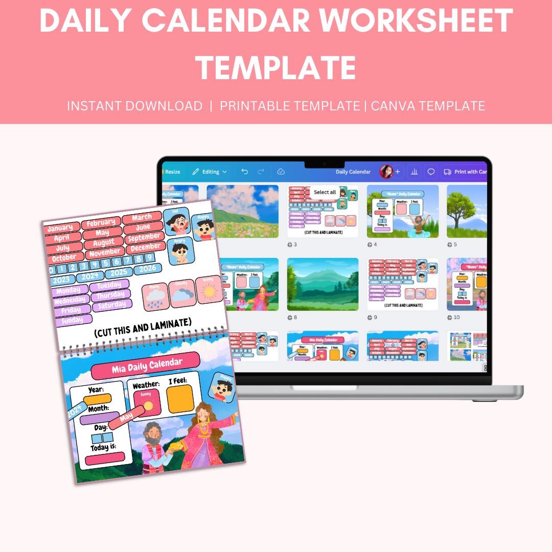 Printable Daily Calendar Pages Worksheets Kids Instant Download ...
