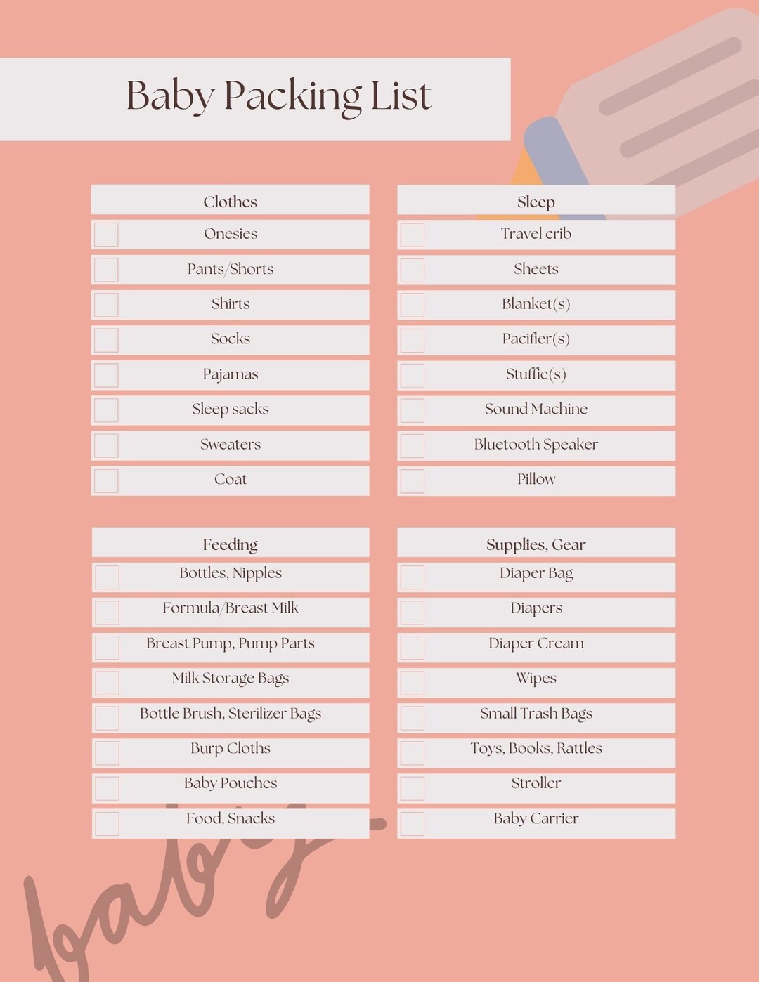 Pre-filled Baby Packing List, Printable Packing List for Baby ...