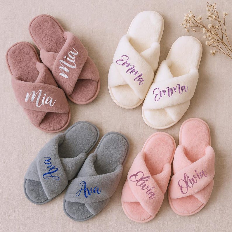Personalized Fluffy Slippers, Custom Bride Slippers,bridesmaid Custom ...