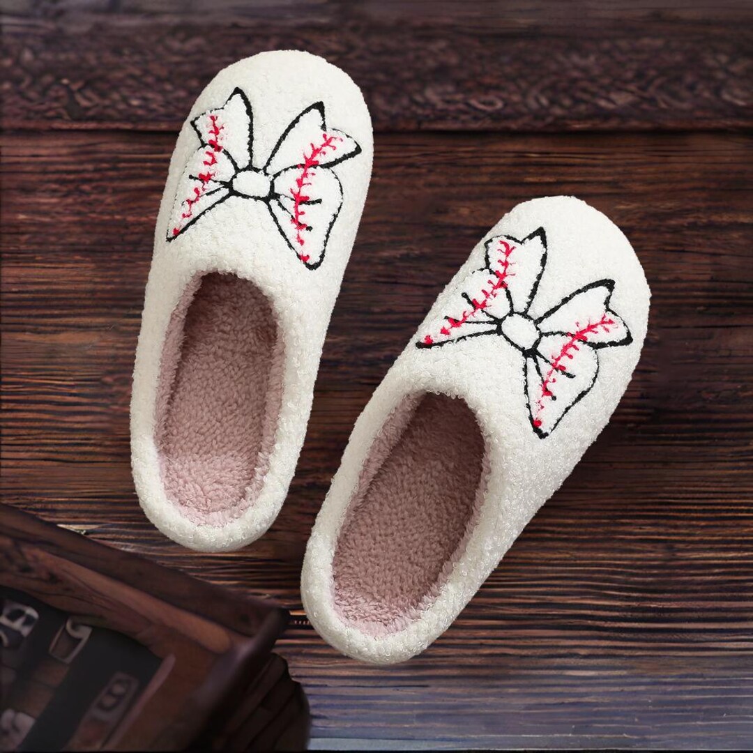 Baseball Sports Bow Slippers for Women Cozy Plush Indoor Winter ...