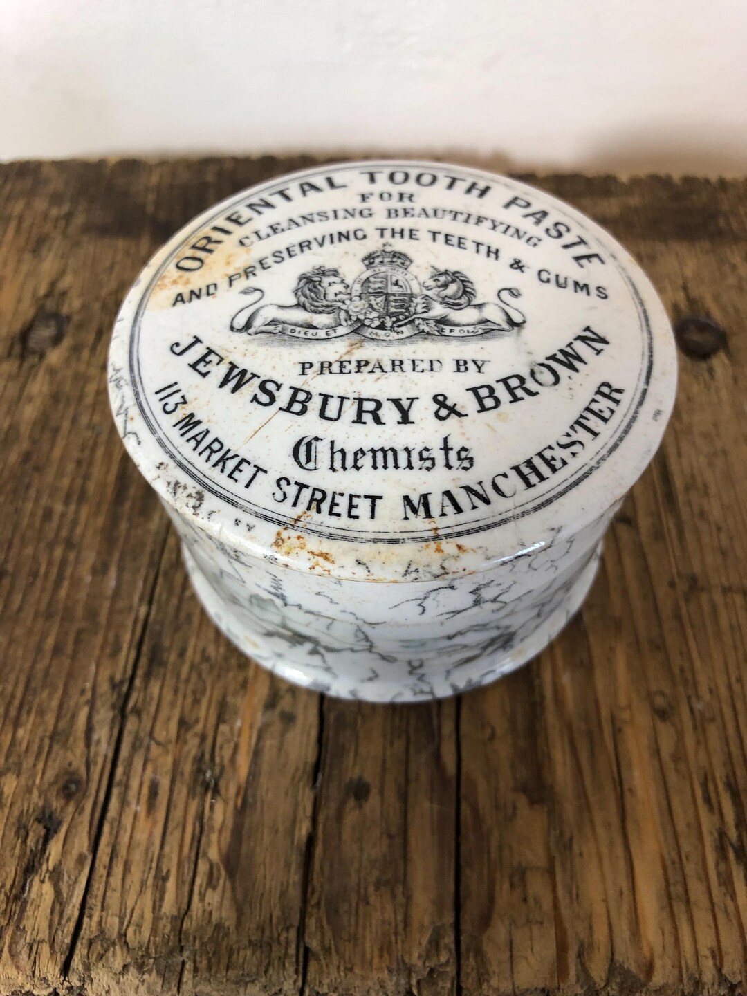 Antique Tooth Paste Jar~jewsbury & Brown~ Chemist Pot~lid Mottled Base ...