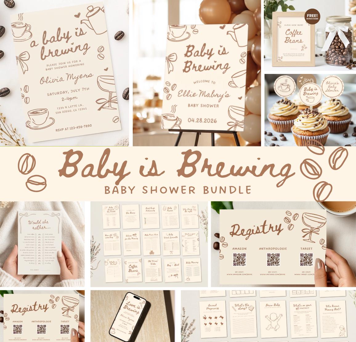 Baby is Brewing Baby Shower Bundle: 60+ Brown Coffee Theme Designs ...