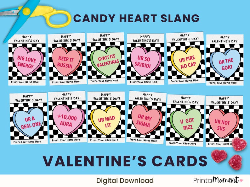 Candy Heart Slang Kids Valentine's Day Cards, Funny Printable Classroom ...