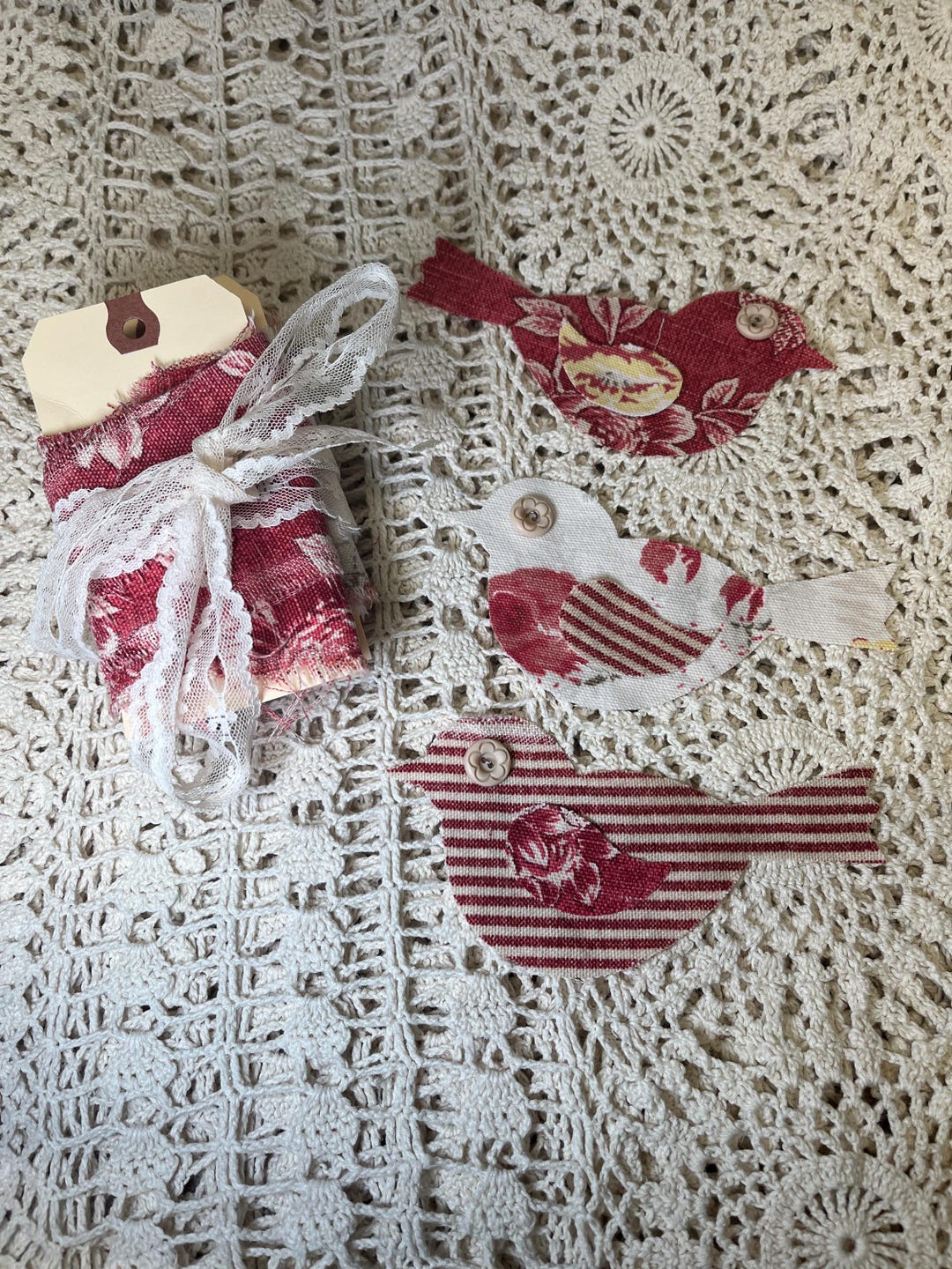 Hand Torn Ribbon & Die Cut Birds Vintage Waverly Norfolk Rose Fabric 3 ...