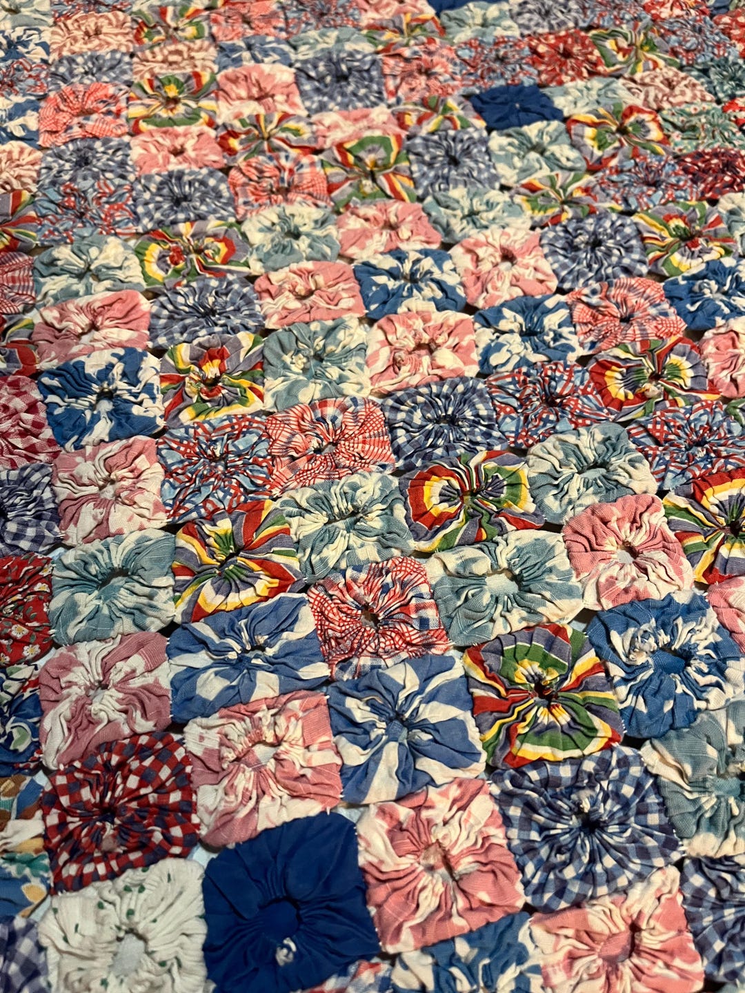 Handmade Vintage Yo-yo Yo Yo Quilt 80x90 Feedsack Gingham Shirting ...