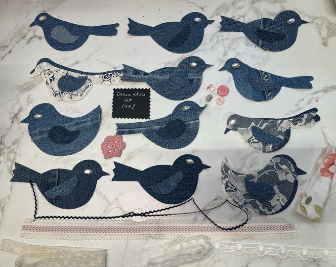 12 Die Cut Birds 90’s Denim and Lace Slow Stitch Junk Journal Kit Rick ...