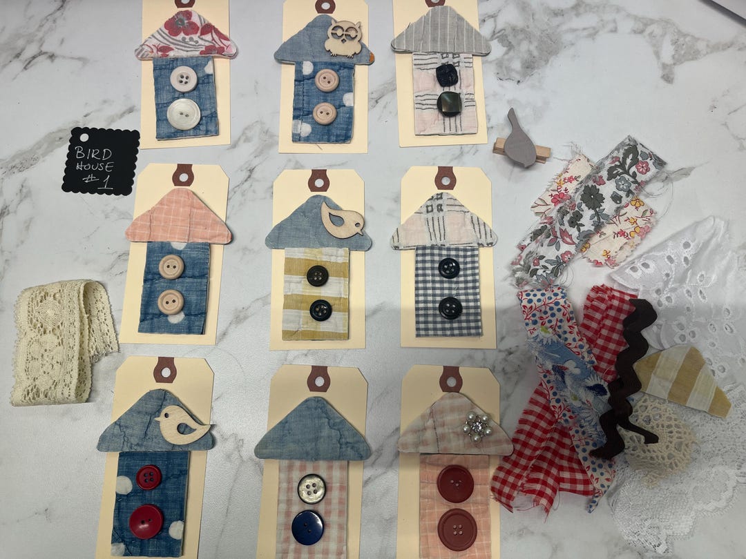 Bird House Die Cut Tag Kit Houses Vintage Quilt Slow Stitch Junk ...
