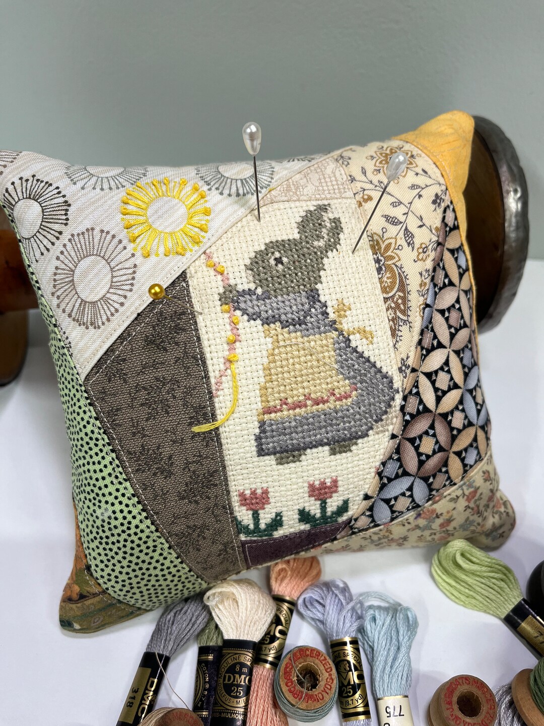 Spring Bunny Pin Cushion Hand Stitched Vintage Embroidery Crazy Quilt ...