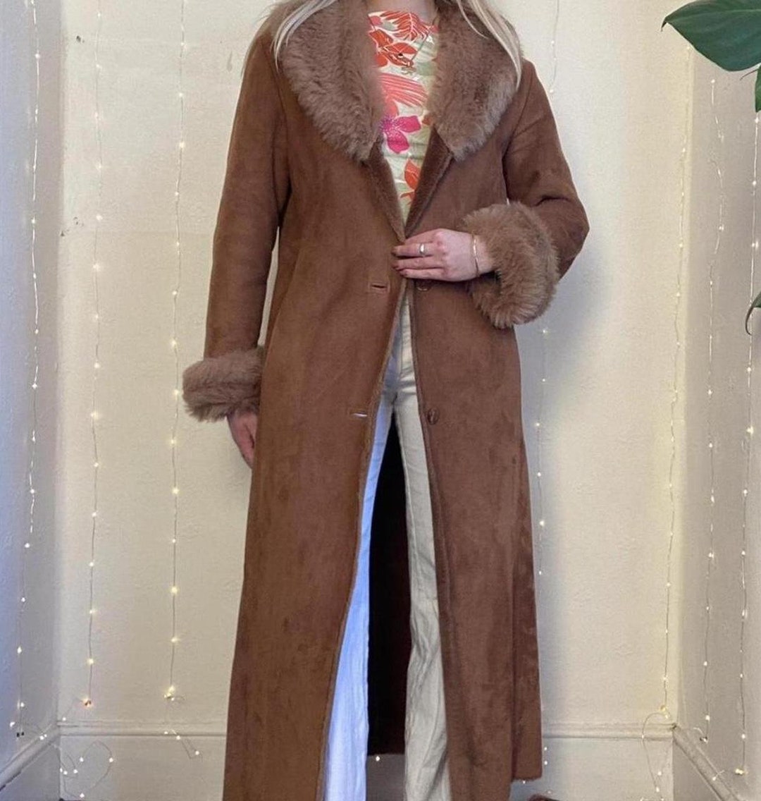 Women Penny Lane Coat Brown Vintage 80s Fur Coat Shearling Coat Long ...