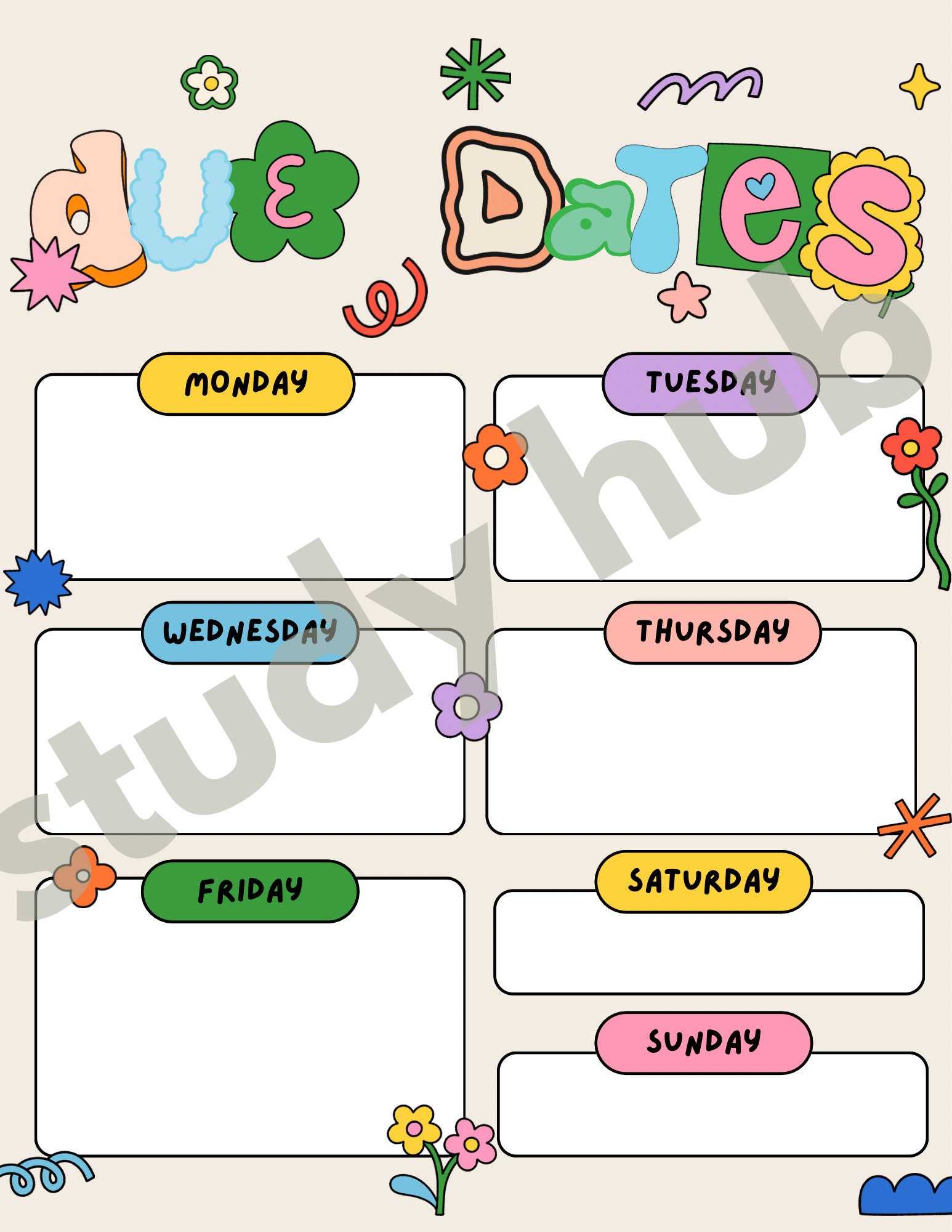 Retro and Funky Due Date Planner, College Student Assignment Tracker ...