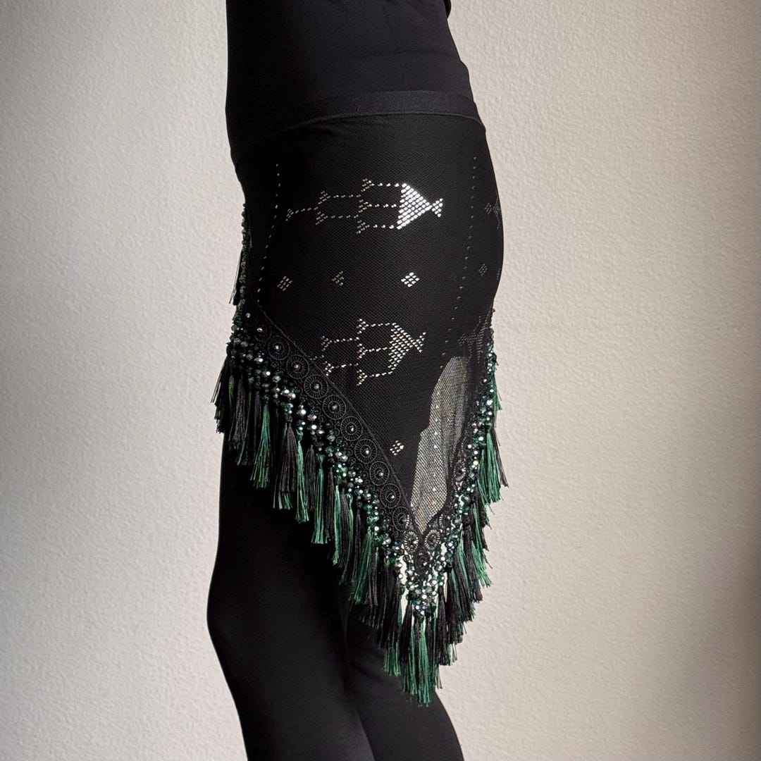 Egyptian Assuit Hip Scarf Black With Silver, Tie-on, Gren Color Accents ...