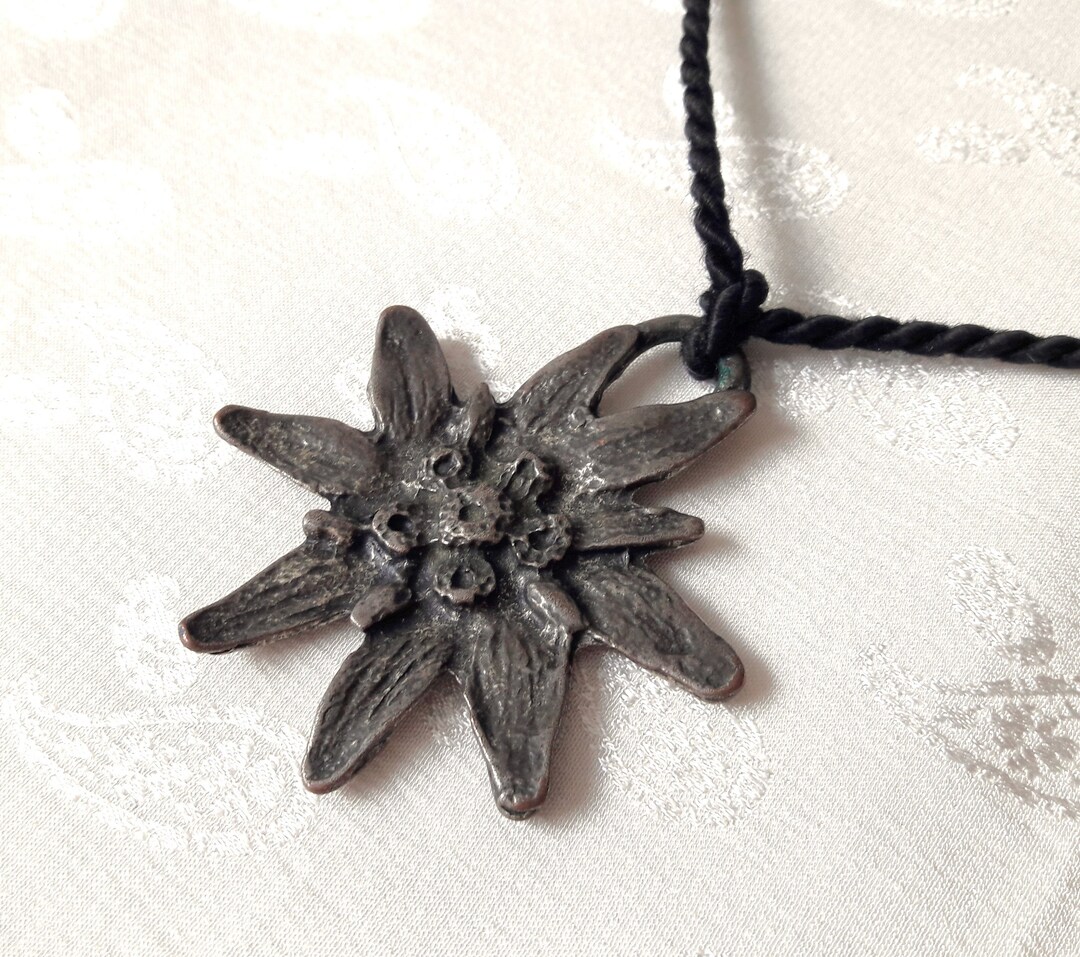 Big Edelweiss Pendant Necklace With Twisted Black Rope Cord and ...
