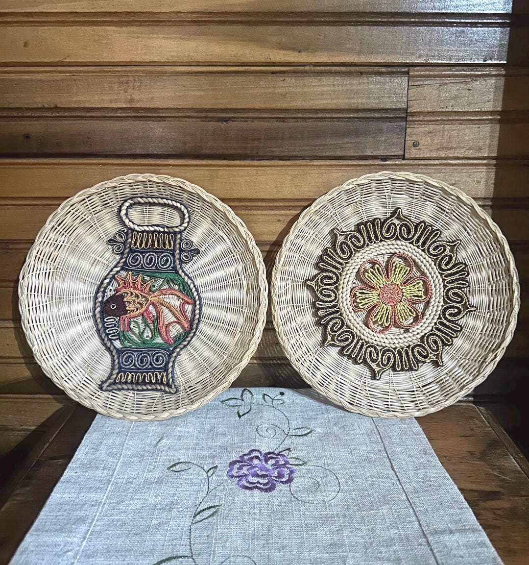 VTG Woven Small Baskets With Designs — Fish Bowl and Flower / Sun - Etsy