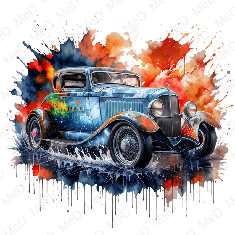 6 PNG Vintage Cars, Watercolor and Splash Styles, High Resolution PNG ...