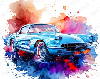 6 PNG Vintage Cars, Watercolor and Splash Styles, High Resolution PNG ...