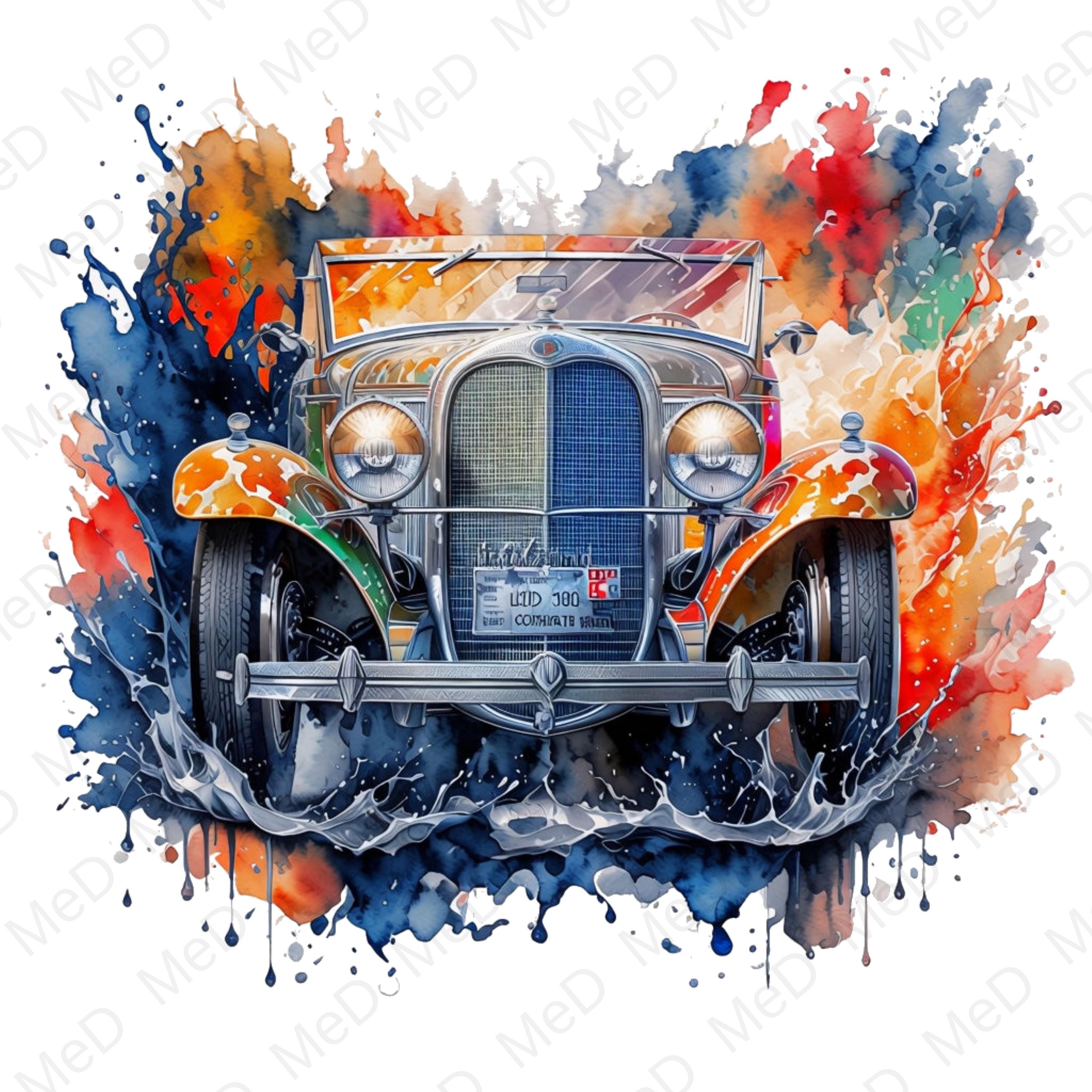 6 PNG Vintage Cars, Watercolor and Splash Styles, High Resolution PNG ...
