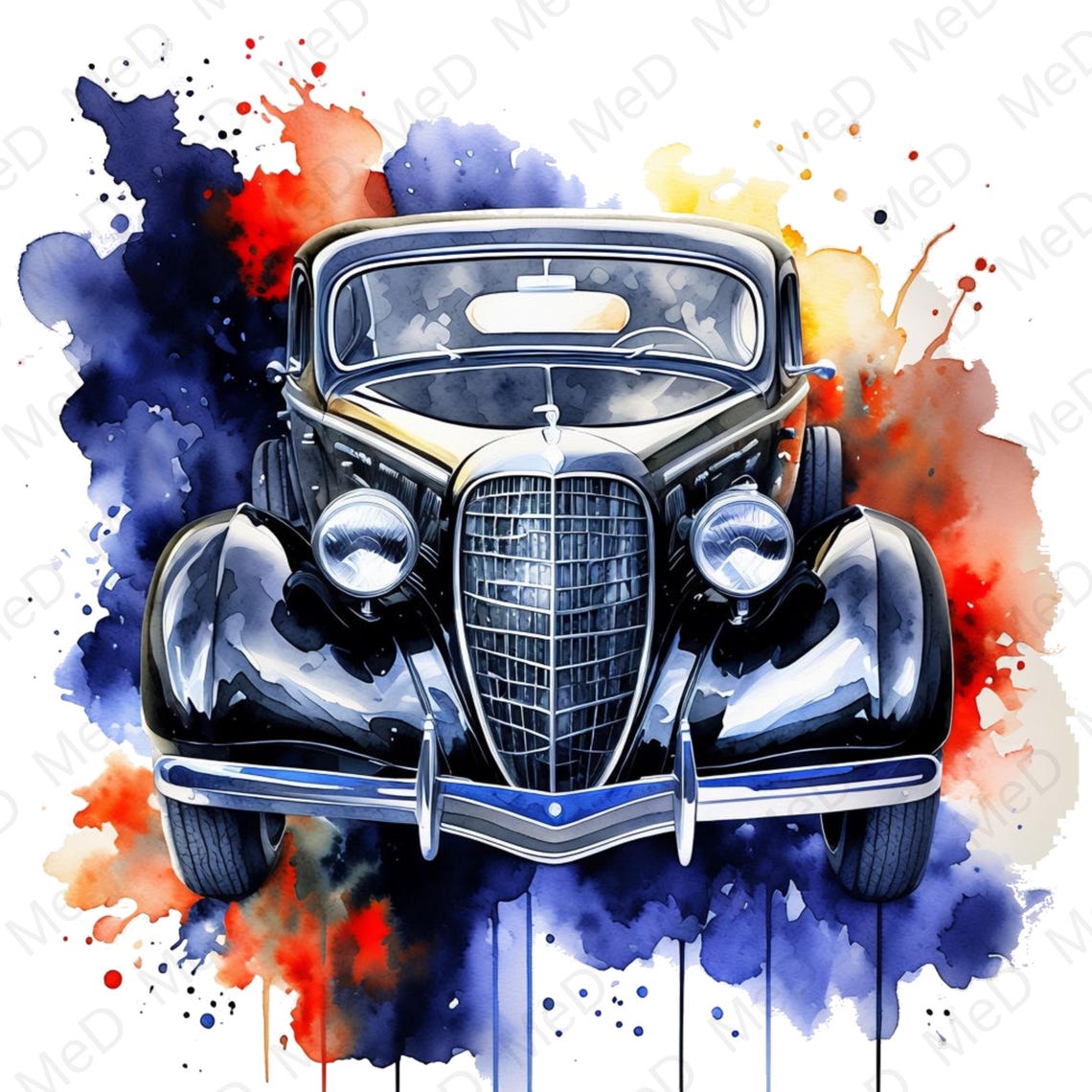 6 PNG Vintage Cars, Watercolor and Splash Styles, High Resolution PNG ...