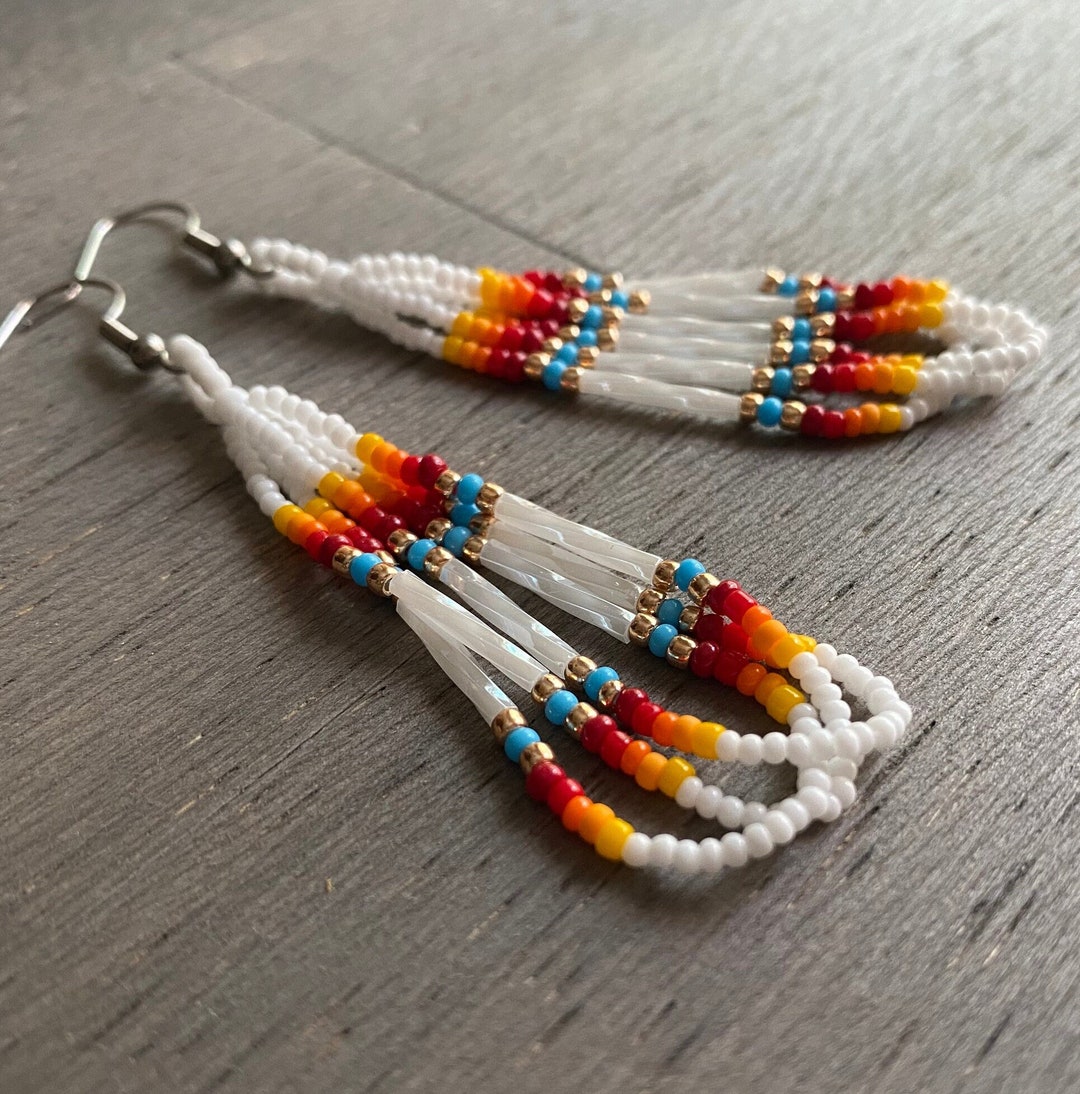 Native American Beaded Earrings White Beaded Earrings Sunrise Earrings ...