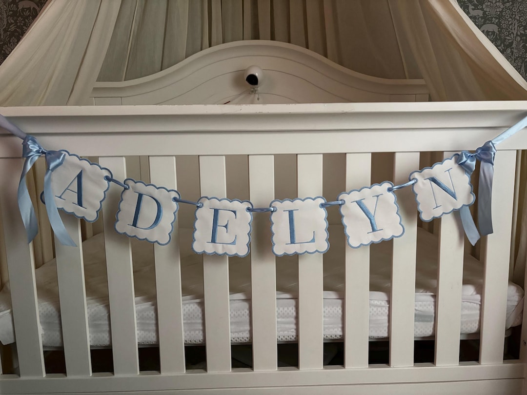 Custom Baby Name Banner, Scallopped Bow Name Banner, Embroidered Baby ...