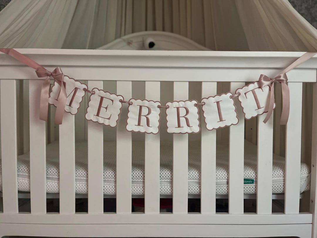 Custom Baby Name Banner, Scallopped Bow Name Banner, Embroidered Baby ...