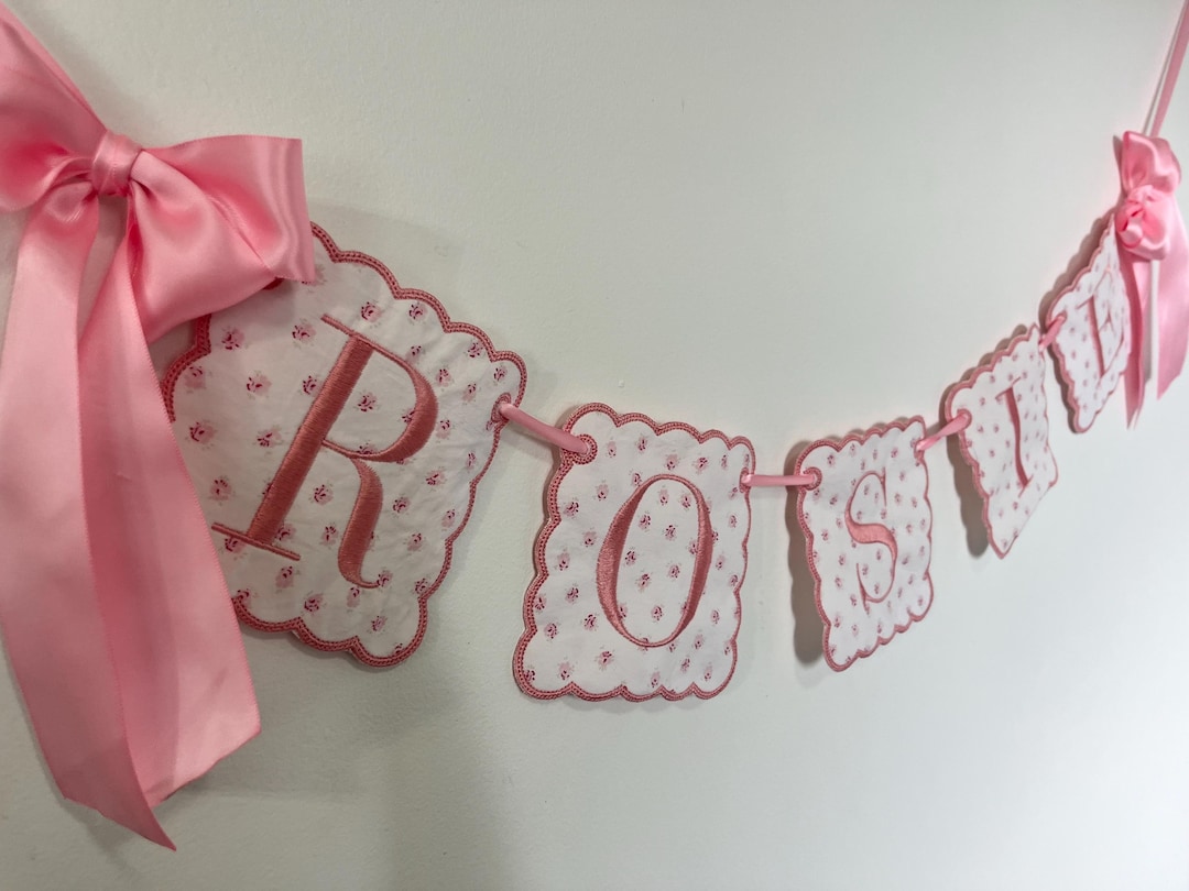 Custom Baby Name Banner, Scallopped Bow Name Banner, Embroidered Baby ...