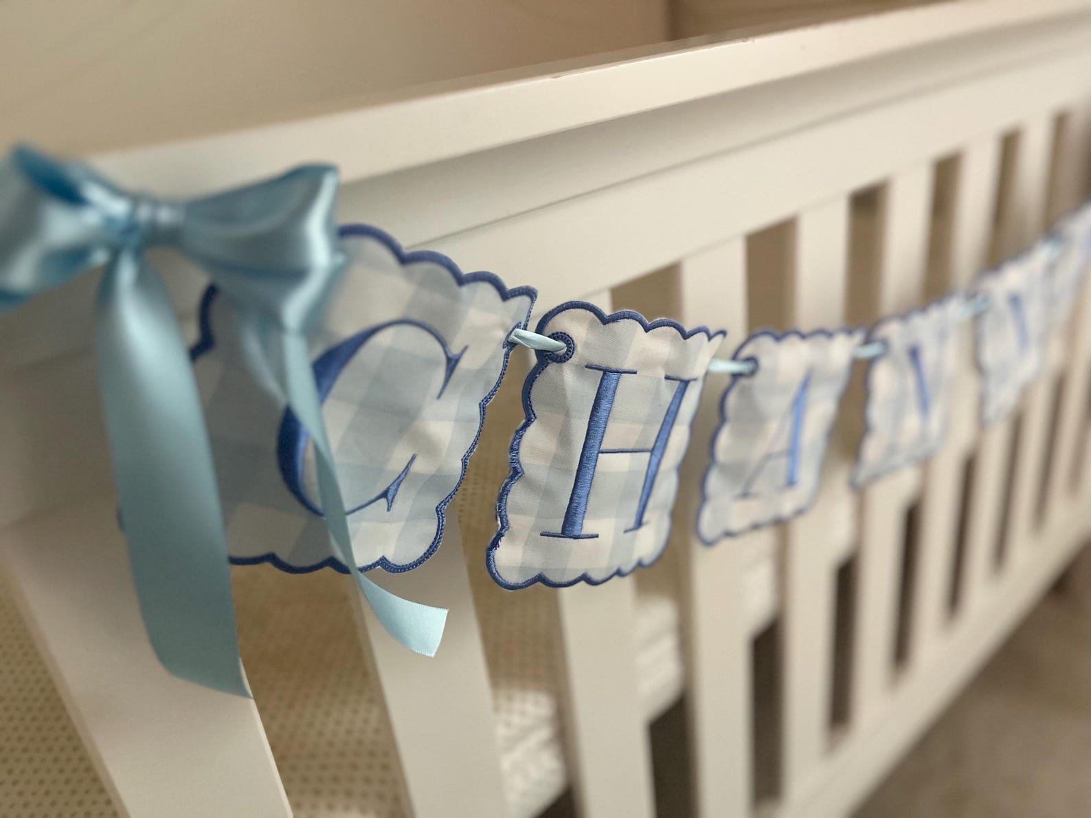 Custom Baby Name Banner, Scallopped Bow Name Banner, Embroidered Baby ...