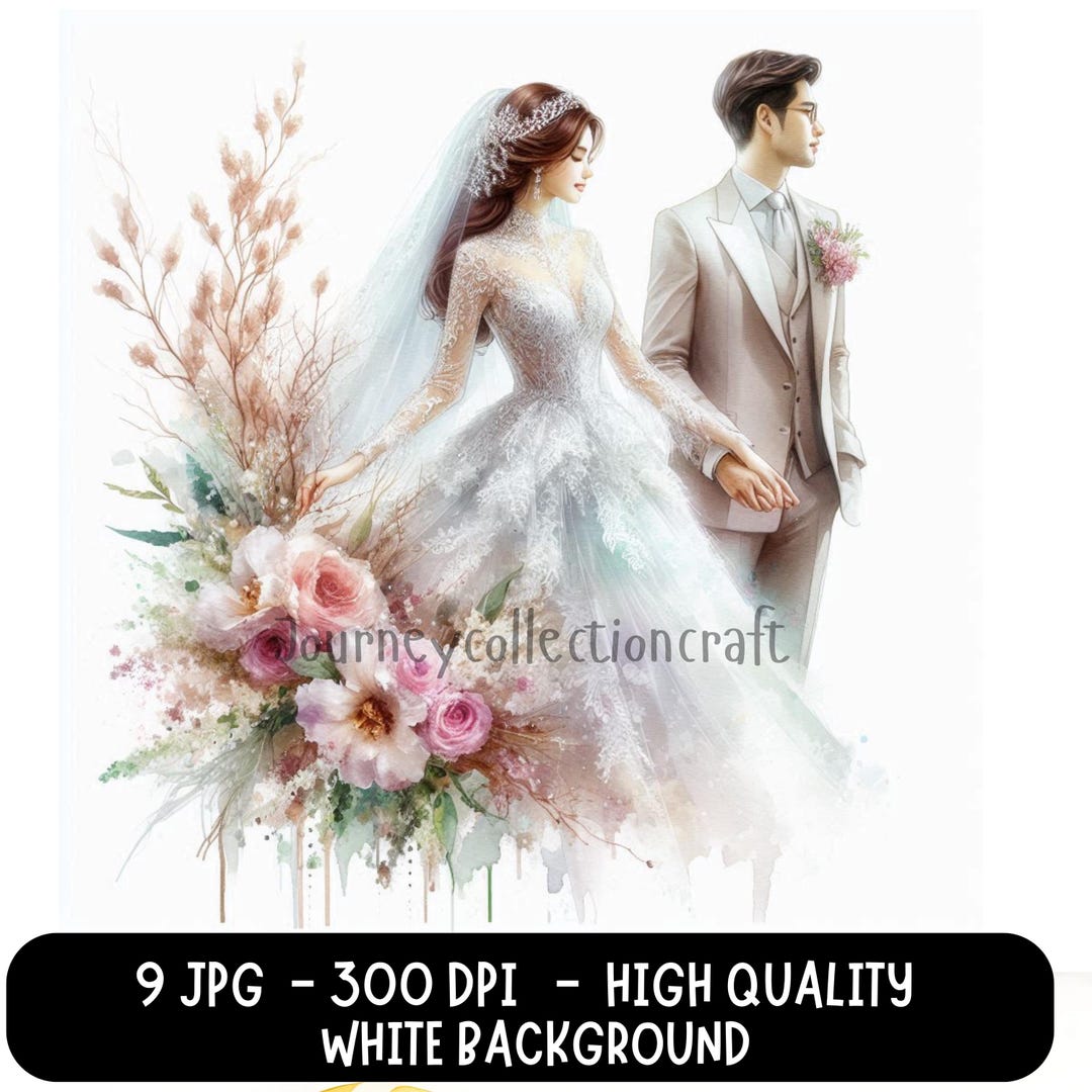 Watercolor Bride and Groom,9 Jpegs Bundle,wedding Couple,celebration ...