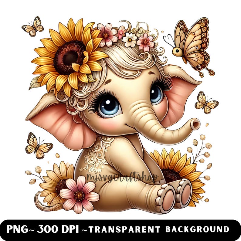 Adorable Elephant Clipart PNG: Sunflower, Butterfly Design (digital ...