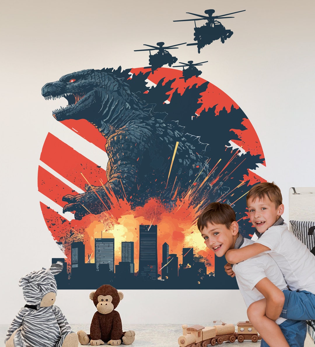 Godzilla Wall Decal Kaiju Wall Art Kong Wall Mural City Scene Wallpaper ...