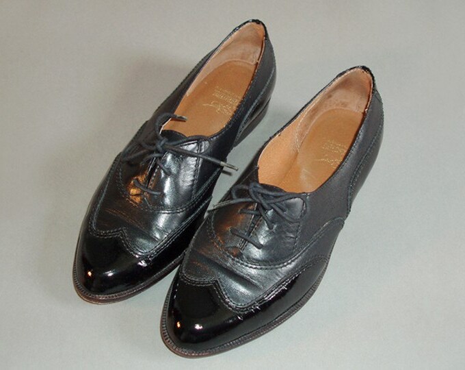 80s Vintage Black Wingtip Patent Leather Oxford Shoes SZ 7 1\/2 EU 38 ...