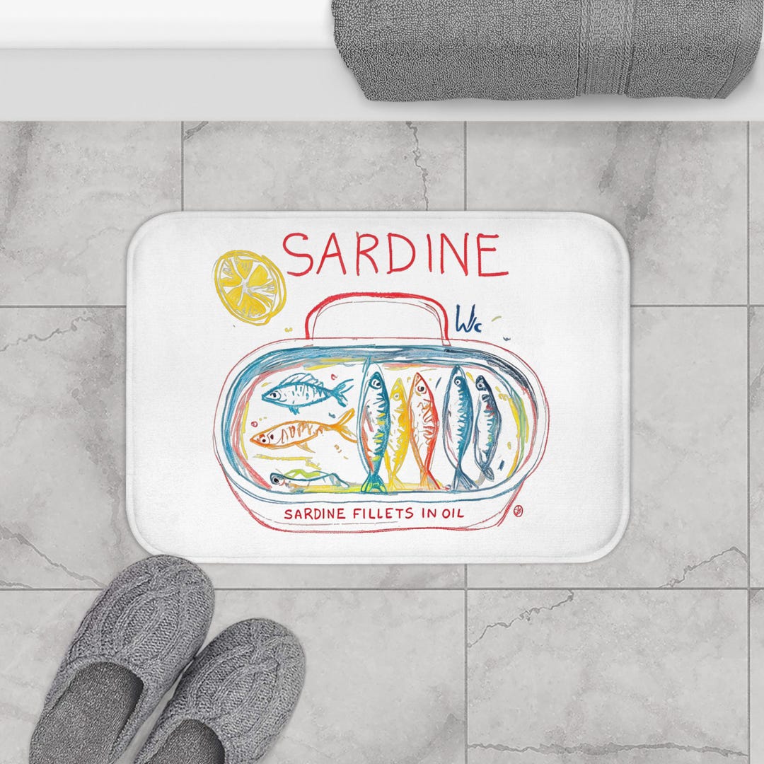 Crayon Drawing Tinned Sardines Bath Mat Nautical Bathroom Decor, Fish ...