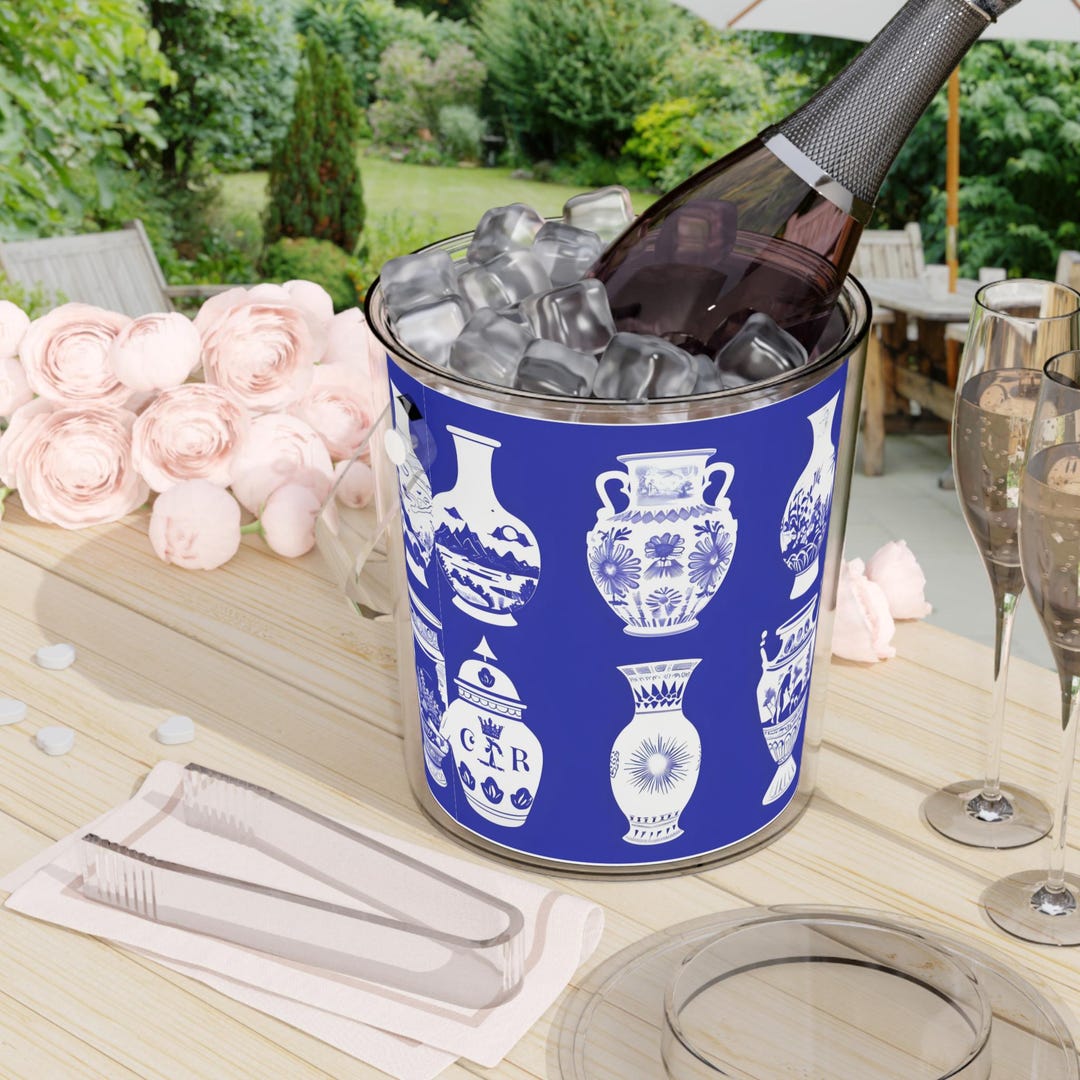 Blue Greek Pottery Themed Ice Bucket Set, Party Bucket With Tongs, Wine ...