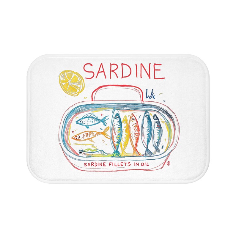Crayon Drawing Tinned Sardines Bath Mat Nautical Bathroom Decor, Fish ...