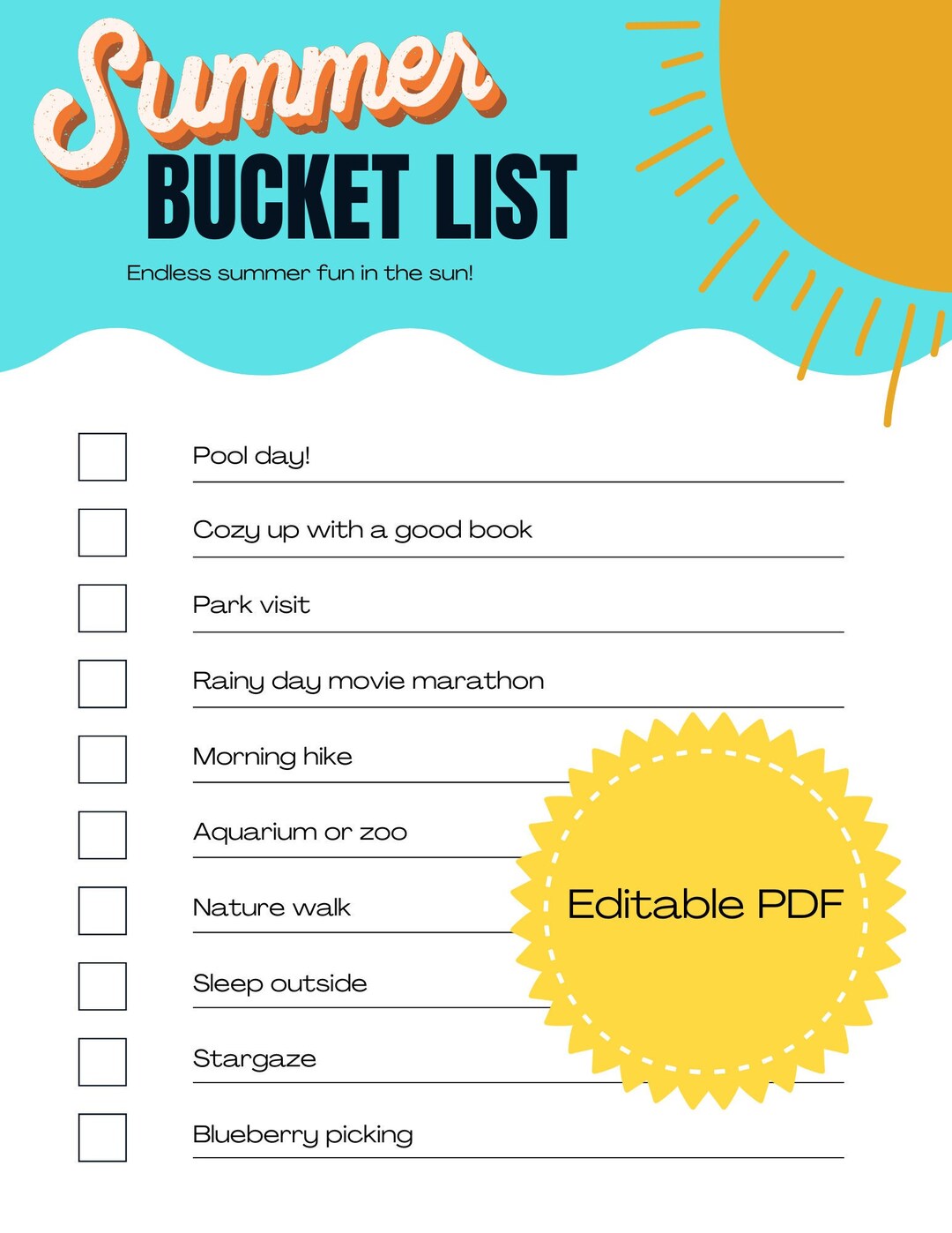 Editable Summer Bucket List - Etsy