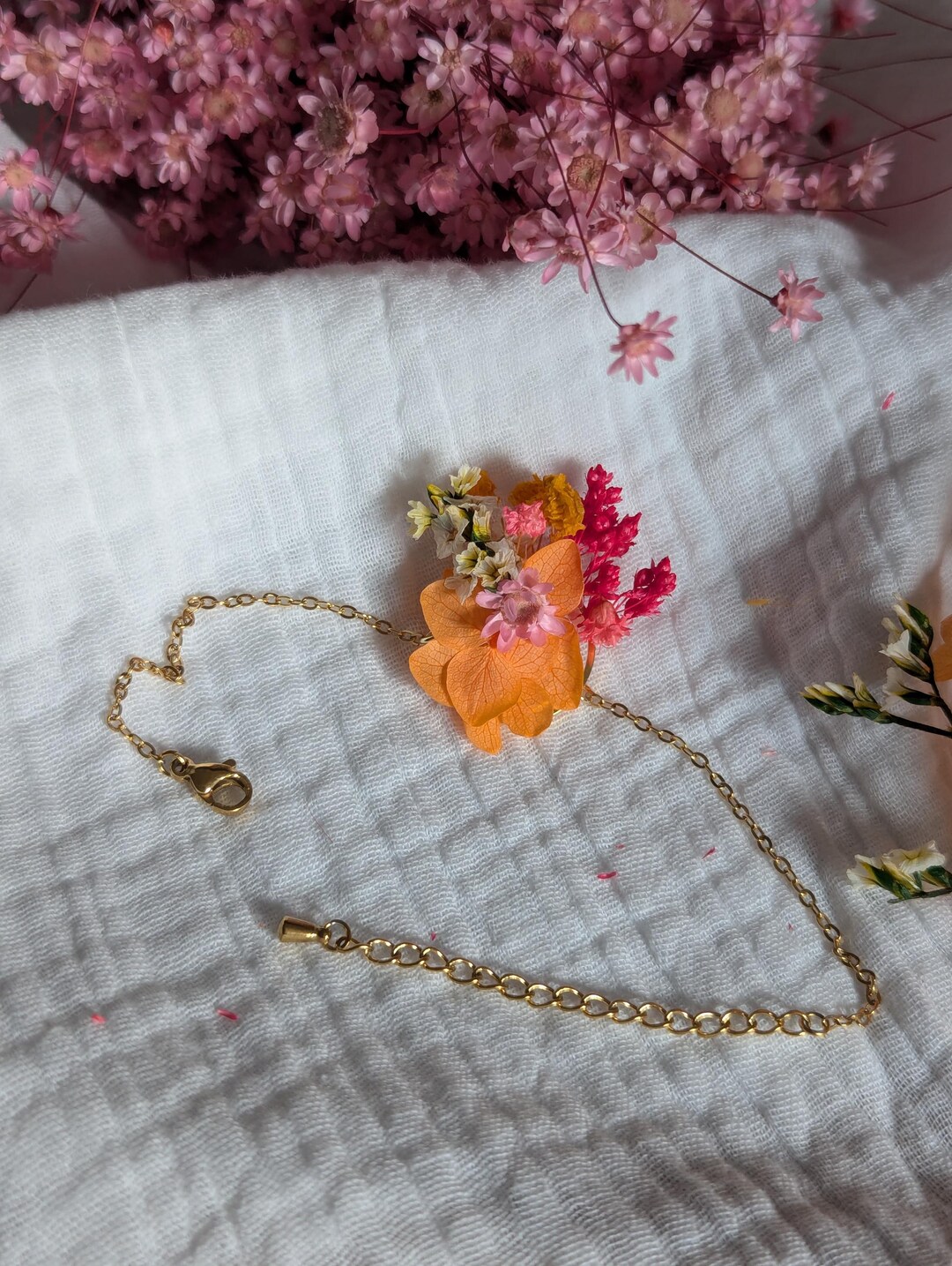 Peach, Pink, and White Floral Bridal Bracelet – Minimalist Gold-plated ...