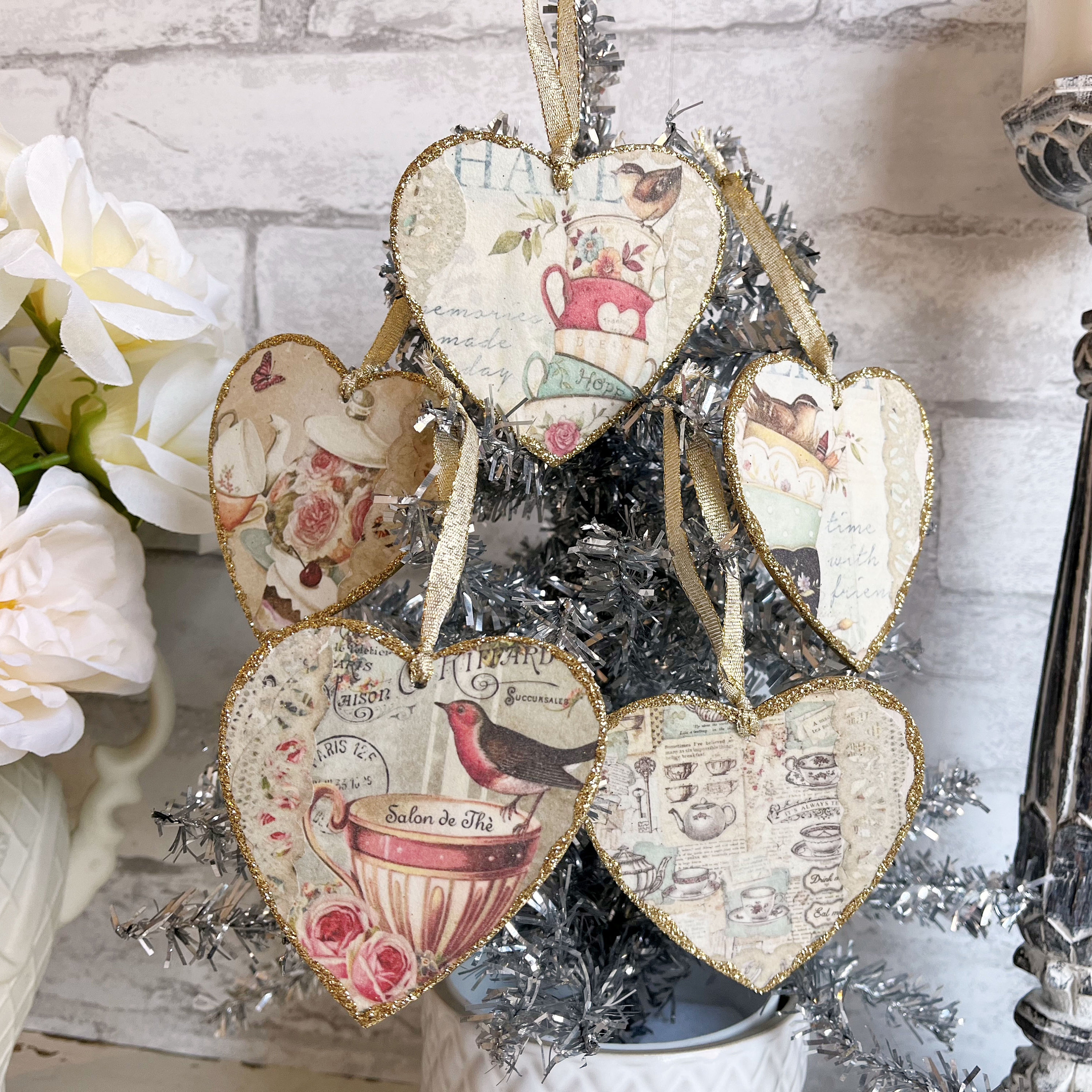 French Country Cottage Tea Time Valentines Ornaments 5 to Choose From ...