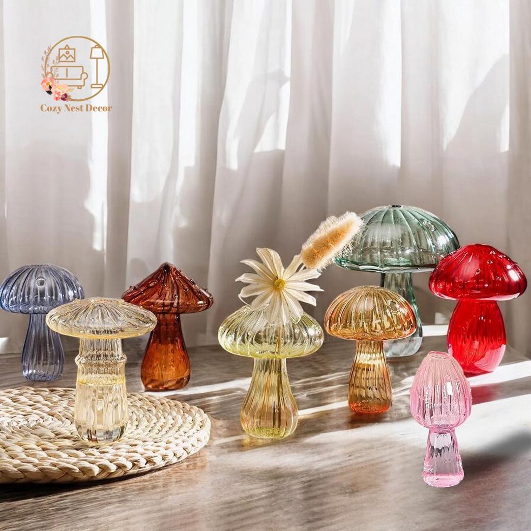 Mushroom Glass Vase, Cottagecore Decor, Hydroponic Flower Planter, Cute ...