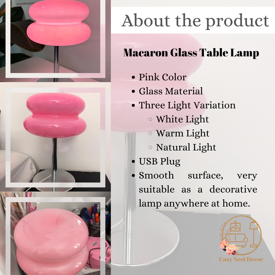 Cute Pink Glass Table Lamp, Modern Living Room Desk Lamp, Study Reading ...