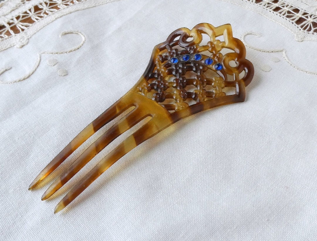Vintage Faux Tortoise Shell Hair Comb With Blue Rhinestones - Etsy