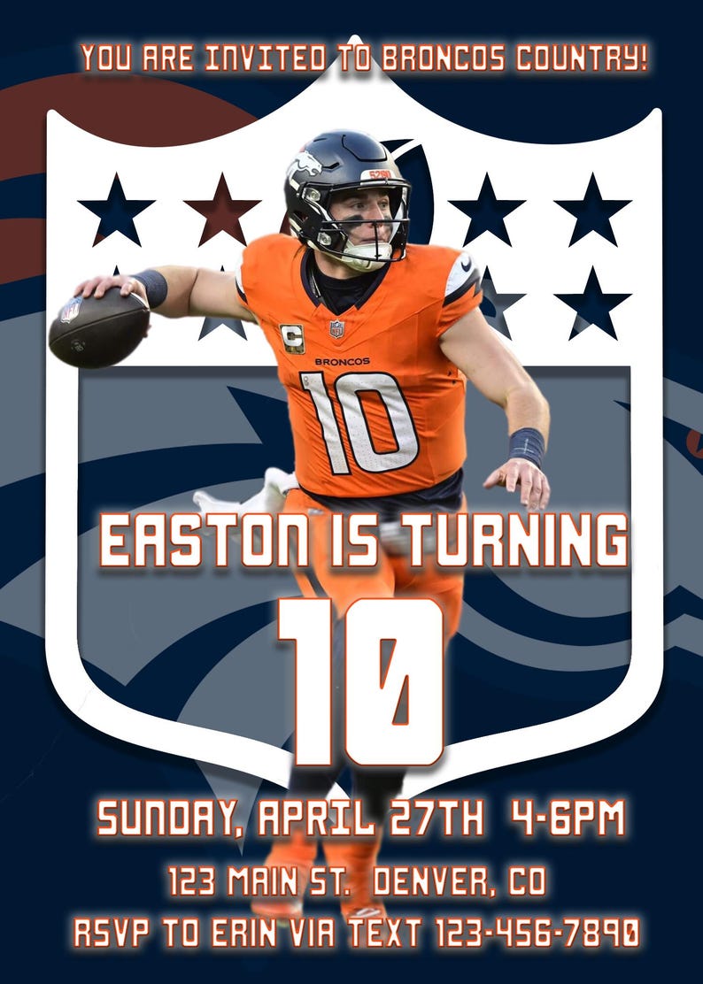 Denver Broncos Birthday Invitation: Football Party, Any Age (digital ...