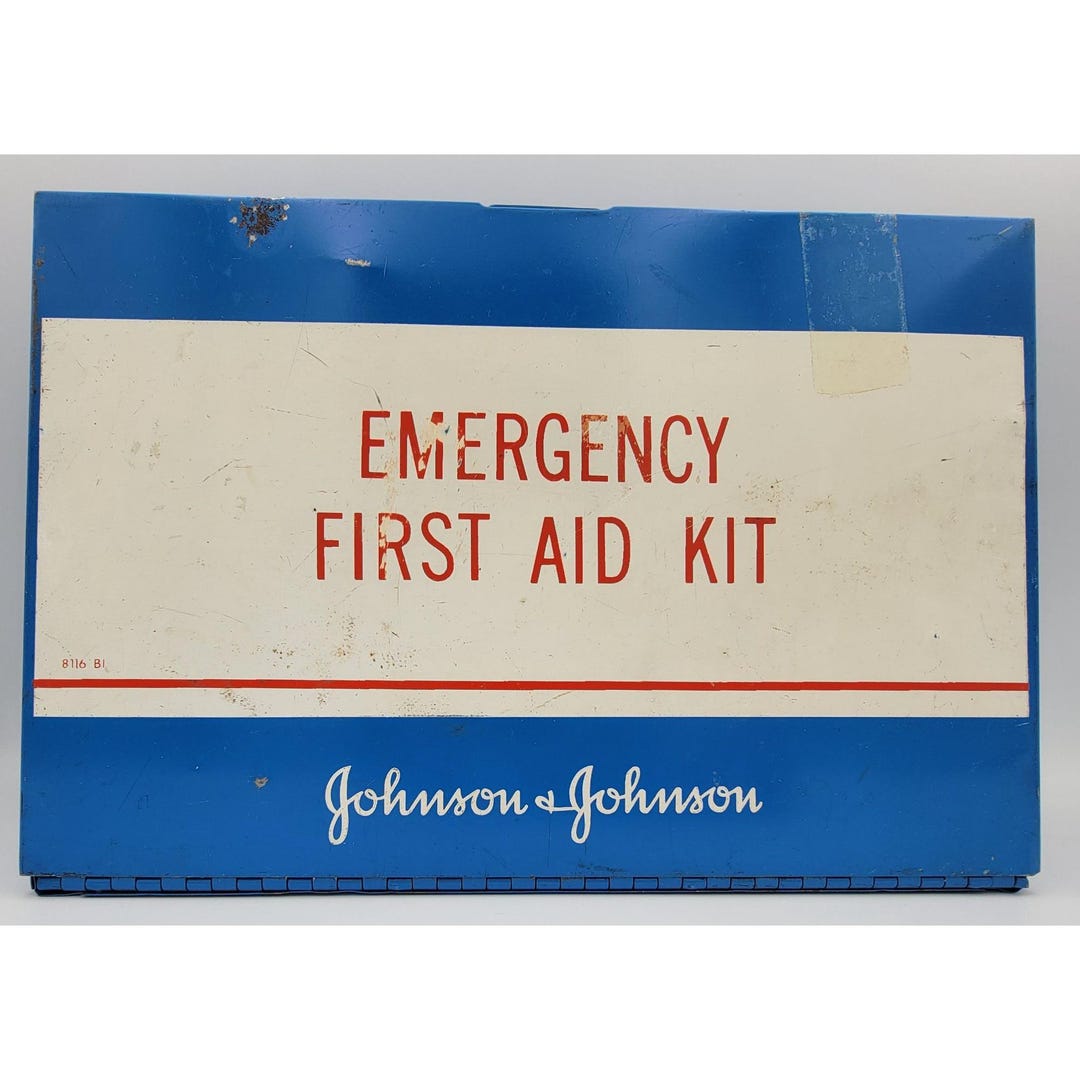 Vintage Johnson & Johnson Emergency First Aid Kit Metal Box Wall Mount ...