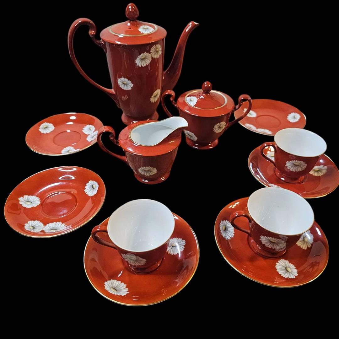 Vintage Noritake Nippon Toki Kaisha Red Daisy Floral 12 Piece Coffe Set ...