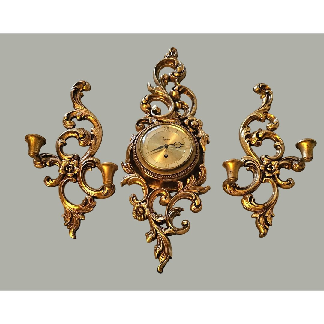 Vintage Syroco Gold Ornate Wall Clock Candle Sconces Set Hollywood ...