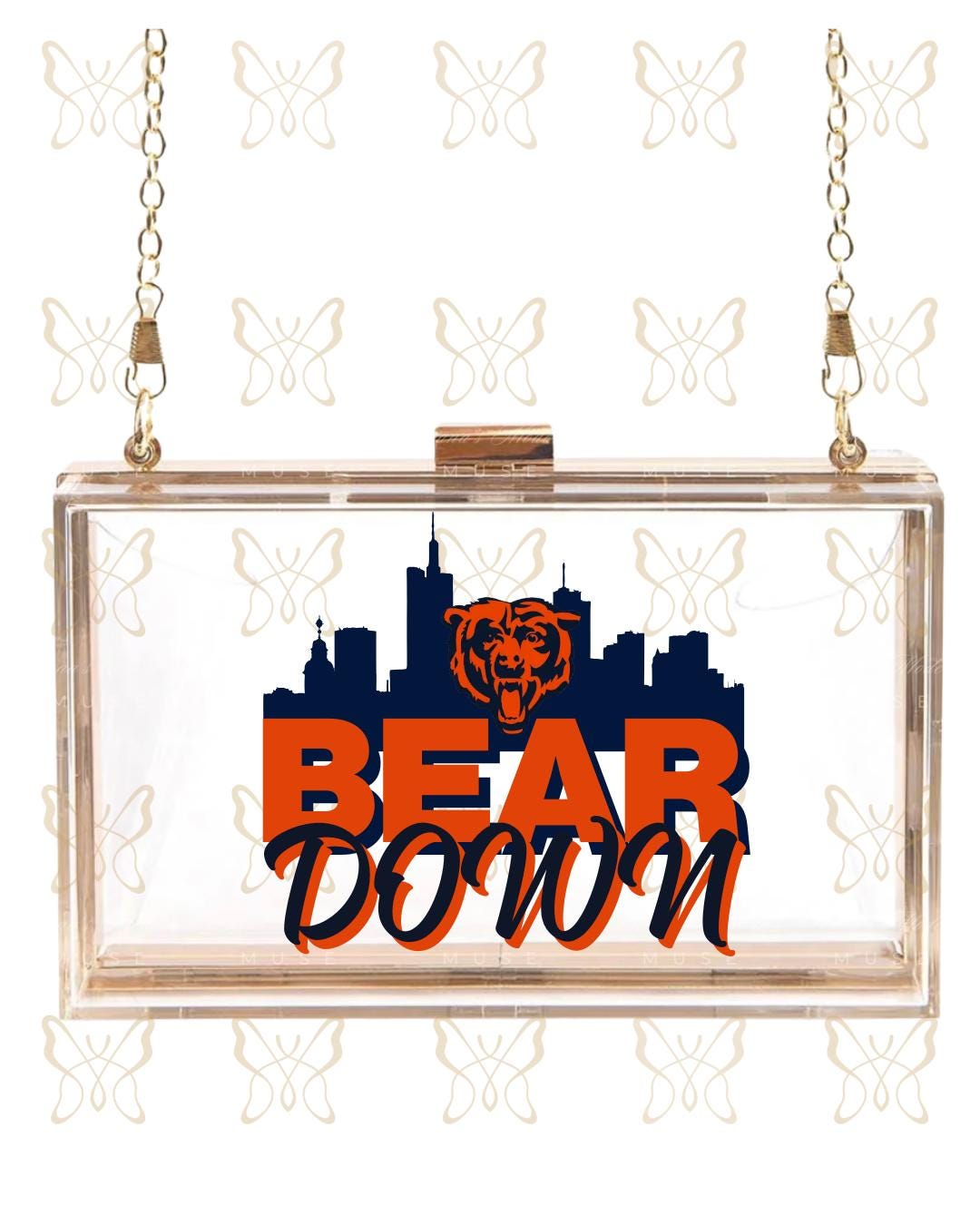 Bear Down Chicago Clear Acrylic Purse | Chicago Bears Mascot & Skyline ...