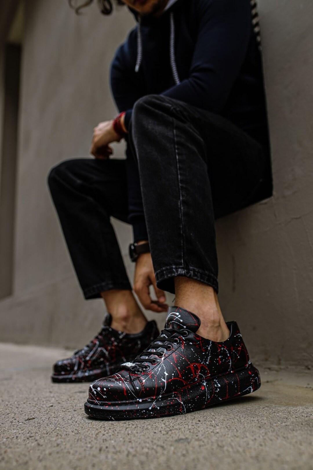 Handpainted Custom Shoes Black Red White Sneakers Swagg Splash ...