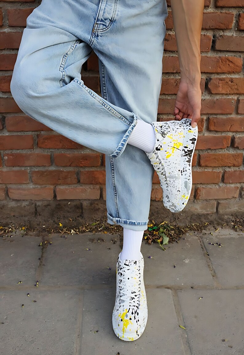 High Top Custom Paint Sneakers High Top Black Yellow White Sneakers ...