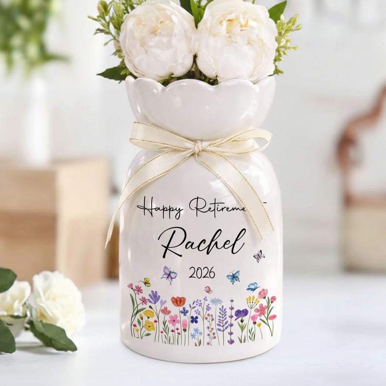 Personalized Retirement Flower Vase, Happy Retirement Ceramic Flower ...