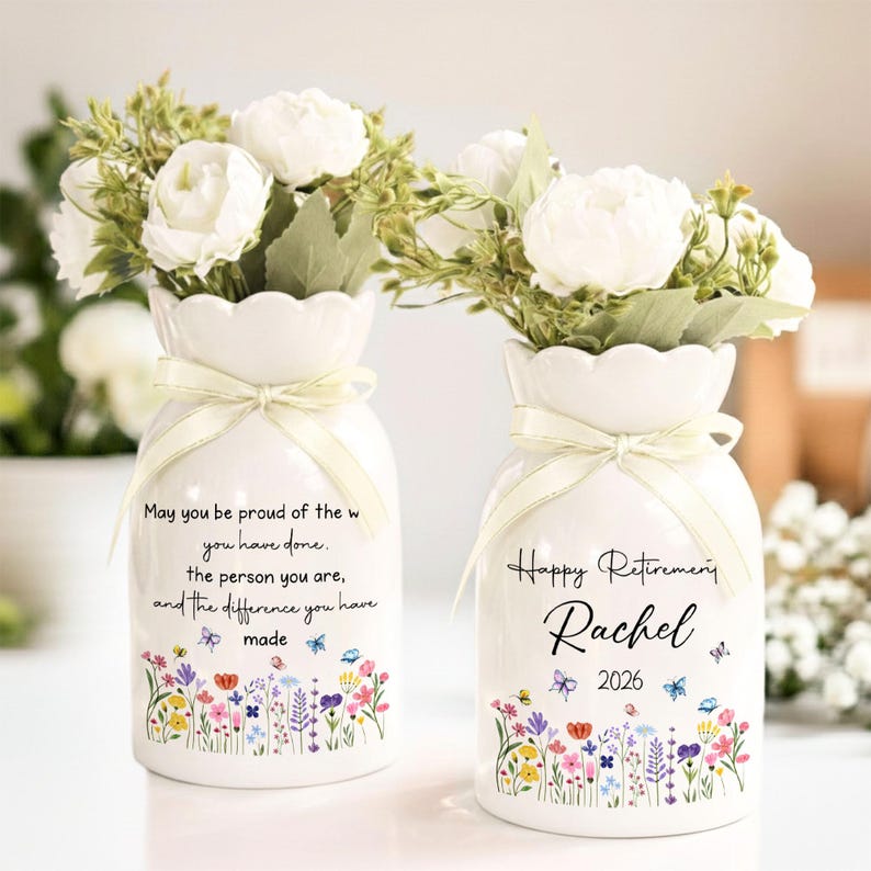 Personalized Retirement Flower Vase, Happy Retirement Ceramic Flower ...
